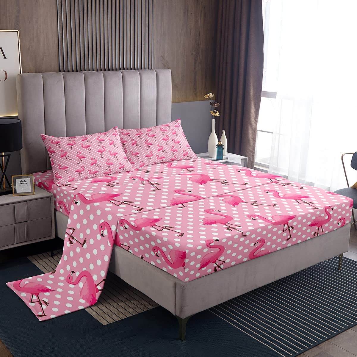 Erosebridal Pastel Pink Sheet Set Twin Size Cute Flamingo Fitted Sheet for Kids Child,Little Girls Cartoon Wild Animal Bed Sheets Wetland Wildlife White Dots Top Sheet Kawaii Room Decor