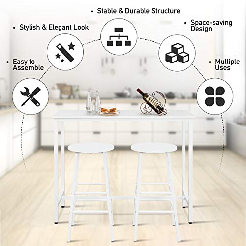 COSTWAY 3-Piece Pub Table Set, Bar Table with 2PCS Backless Bar Stools, Fashionable Simple Style, Kitchen Counter Height Dining Design, Breakfast Table Set for Kitchen, Restaurant, Small Space (White)