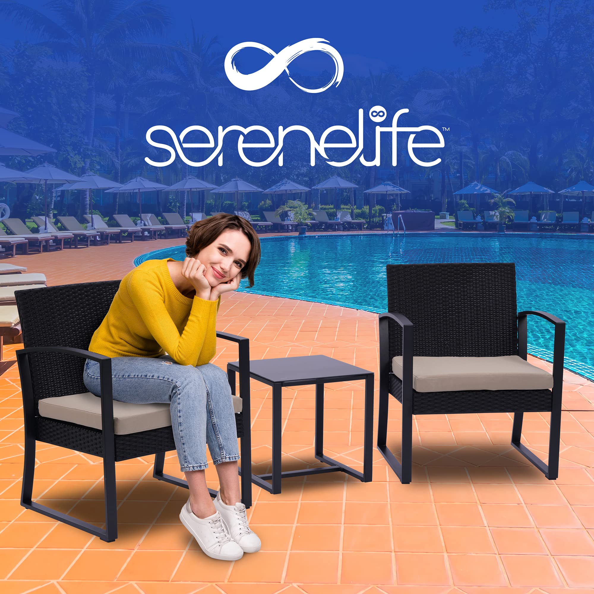 Patio Outdoor Rattan Furniture Set, 3 Pcs. Per Set - Includes 2 Single Chairs with Soft Cushion and 1 Glass-top Coffee Table, Black Weather-Resistant Resin Wicker Rattan