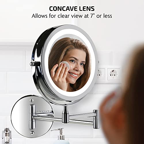 OVENTE 7" Lighted Wall Mount Makeup Mirror with 1X/10X Magnification, Cordless Double Sided Magnifying Round Vanity Mirror, 360° Swivel Design, Extendable and Folding Arm, Polished Chrome MFW70CH1X10X