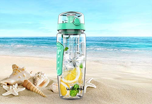 Fruit Infuser Water Bottle 32oz Willceal- Durable, Large - BPA Free Tritan, Flip Lid, Leak Proof Design - Sports, Camping (Mint)