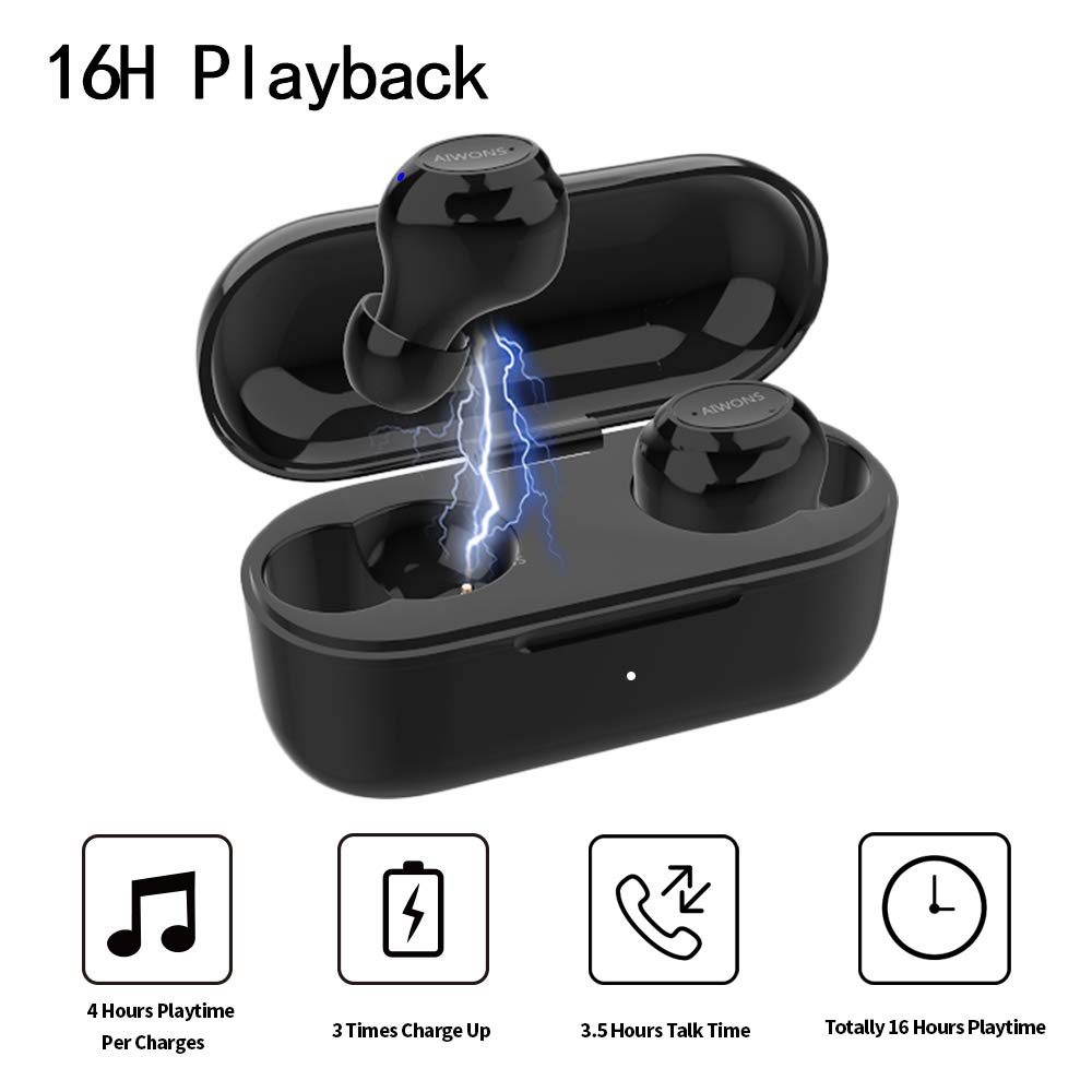 aiwons True Wireless Earbuds Bluetooth Headphones, Bluetooth 5.0 Touch Control Stereo Hi-Fi Sound IPX5 Waterproof 16H Playtime with Charging Case, Bluetooth Headset (Black)
