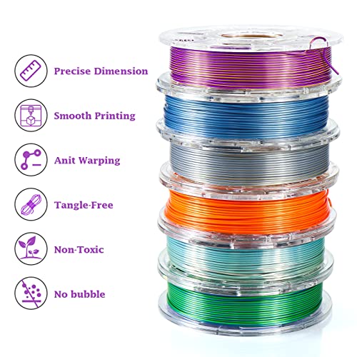 FTUREERA PLA Filament, Silk 3D Printer Filament 1.75mm, Dual Color Co Extrusion and Rainbow PLA Filament Bundle Multicolor, Dimensional Accuracy +/- 0.02 mm, 250g x 6 Spool/3.3lb