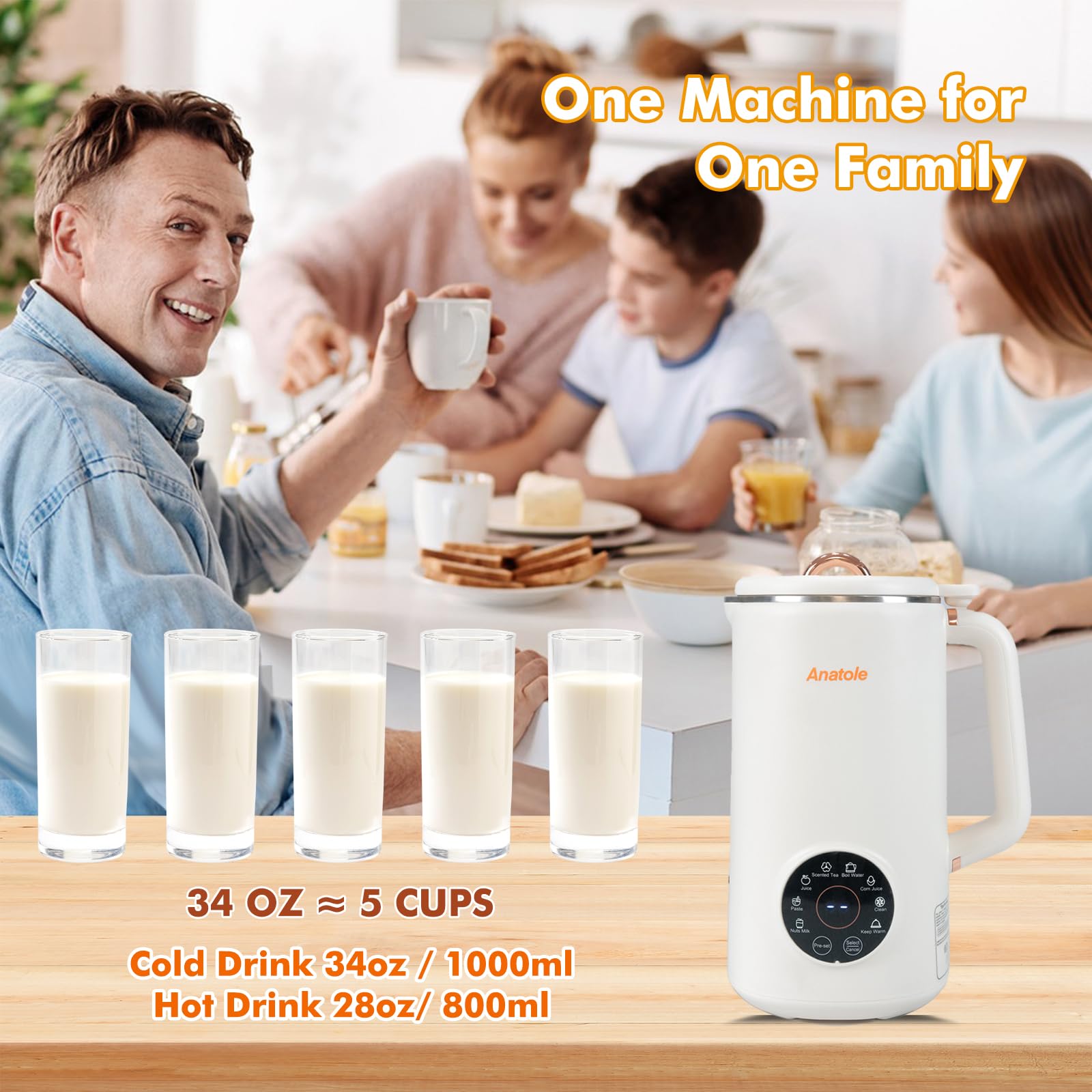 Anatole Nut Milk Maker 24oz 700ml Almond Milk Machine 8-In-1 Multifunctional Soy Oat Plant-Based Milk Blender Homemade Dairy-Free Juice Paste with 10 Stainless Steel Blades 12 Hours Timer Recipes