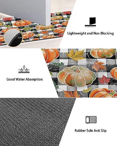 Buffalo Plaid Pumpkins Bath Mat for Tub,Non Slip Bathroom Floor Runner Rug Quick Dry & Absorbent Diatomaceous Earth Shower Sink Kitchen Doormat,Thanksgiving Fall Leaves Black White 20x24+20x48