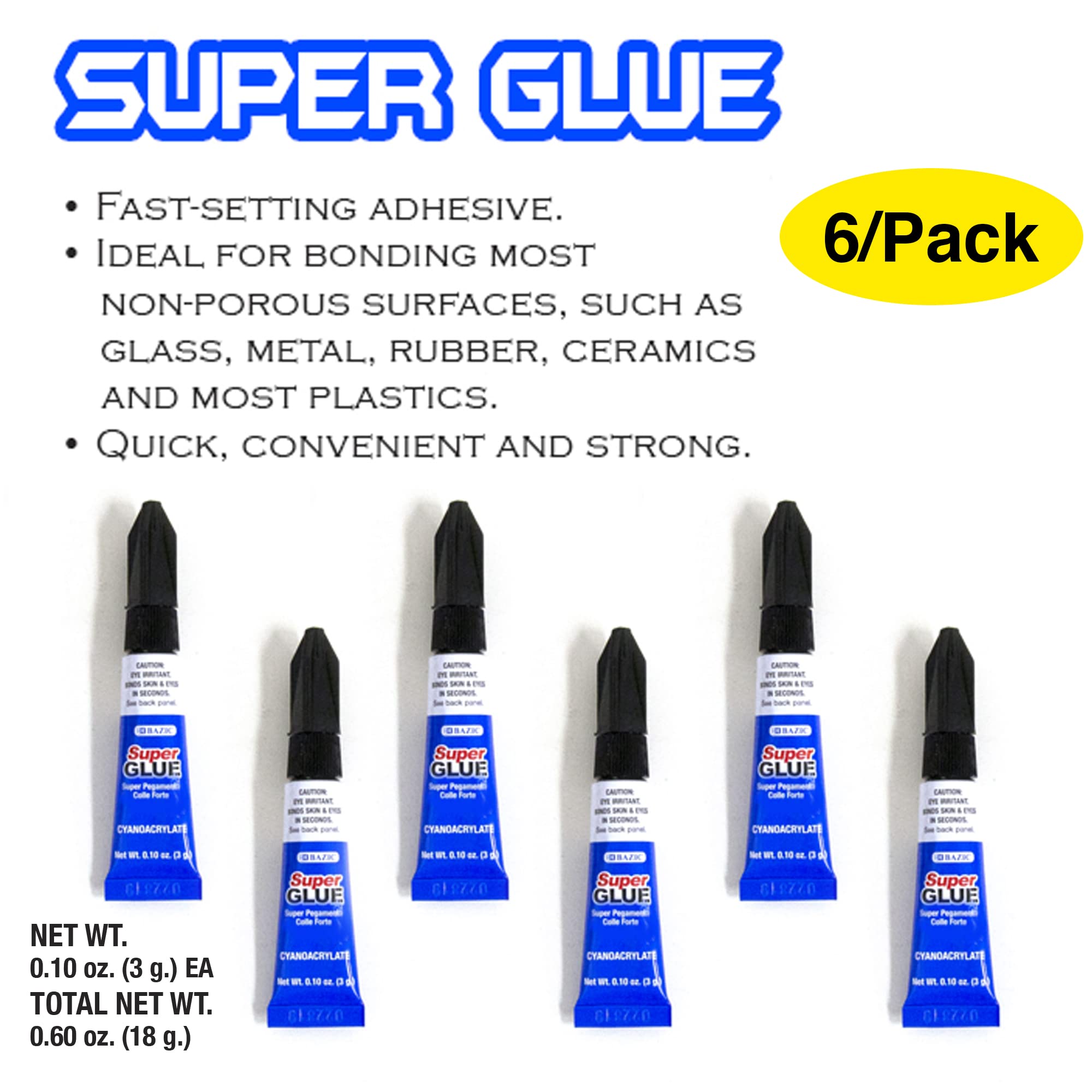 BAZIC Super Glue 3g/0.10 Oz., Small Tube Clear Adhesive Fluid Liquid Bonding for Office & Home Improvement (6/Pack), 1-Pack