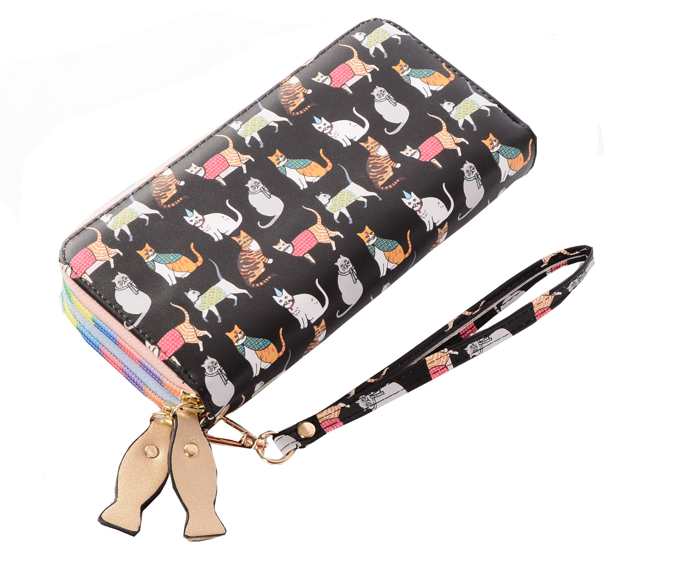 Ecohaso Womens Wallet, Large Capacity Cellphone Wallets Cute Cat Pattern, Double Zipper Long Leather Wristlet Clutch Purse