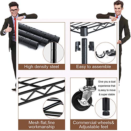 BLKMTY Metal Shelf 6 Tier Metal Storage Shelf Heavy Duty Wire Rack Shelves Wire Shelving Unit with Wheels Standing Shelf Units Height Adjustable Utility Commercial Grade Garage Shelves, Black