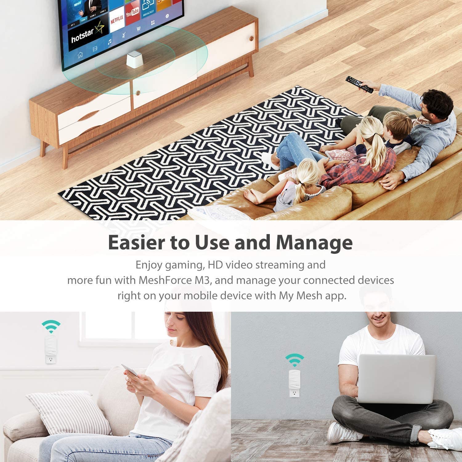 Meshforce M3 Mesh WiFi System (4 Pack), Up to 6000 sq.ft (8+ Rooms) Whole Home Coverage, WiFi Router Replacement, Parental Control, Plug-in Design (1 WiFi Point & 3 Dots)