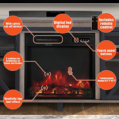 ENSTVER 58 Inch TV Stand Console W/Sliding Barn Door for TVs up to 65",with Fireplace and Remote Control,Grey(Log Set)