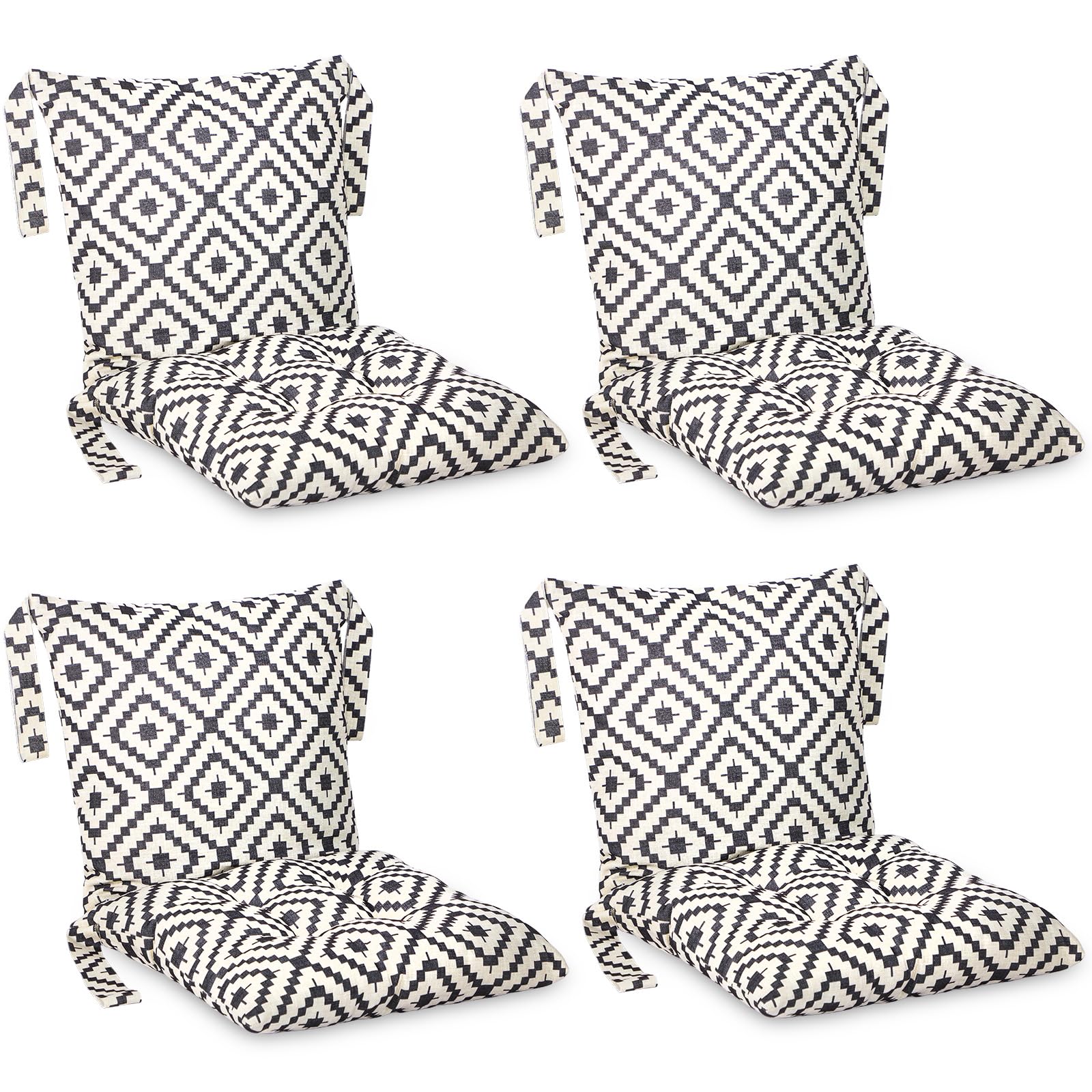 Barydat 4 Pcs Outdoor Patio Chair Cushions, 19.7 x 39.4 Inch Black and White Grid Square Dining Seat Back Chair Cushions with Tie Buffalo Plaid Indoor Outdoor Cushions for Patio Furniture