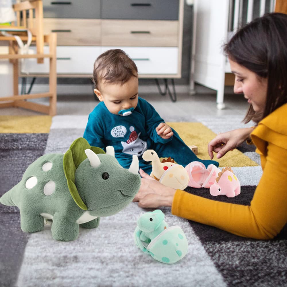 Karister 17.6in Plush Dinosaur Stuffed Animals,A Mommy Dinosaur with 3 Baby Dinosaurs,Triceratops, Tyrannosaurus Rex and Diplodocus.