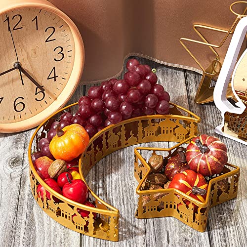 Eid Star Dinner Plate Tray Fruit Plate Ramadan Decoration Ramadan Moon Serving Tray Muslim Food Tray Mubarak Metal Serving Dishes Islam Snack Display Holder for Ramadan Islam Party Decoration, Gold