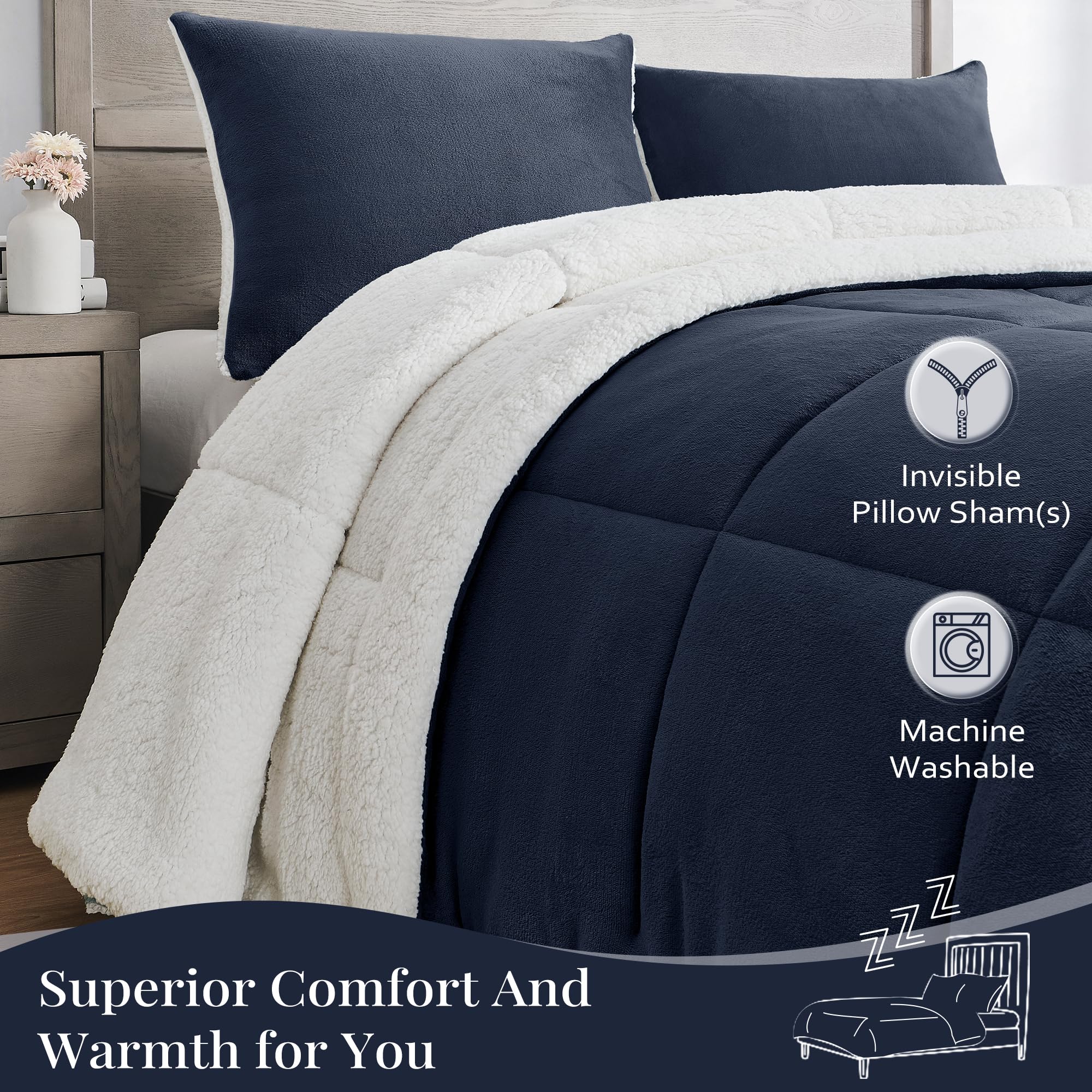 Basic Beyond Twin Comforter Set - Micromink Fleece Sherpa Comforter for Twin Bed, Soft and Warm Twin Bedding Comforter Set for Girls and Boys in Winter, Navy, 64"x88"