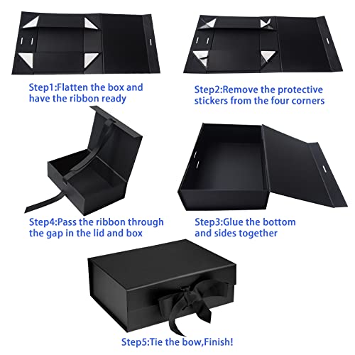 Black Luxury Magnetic Gift Box with Lid, Ribbons and Gift Bag, Medium Size-9.4x7x3 Inches, Great for Business, Christmas, New Year, Wedding, Birthdays, Groomsman, Husband, Presents Display and Packging