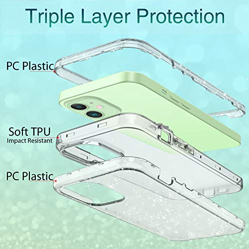 Coolwee Crystal Glitter Full Protective Case Compatible with iPhone 12, Compatible with iPhone 12 Pro Heavy Duty Hybrid 3 in 1 Rugged Shockproof Women Girls Transparent Shiny Clear Bling Sparkle