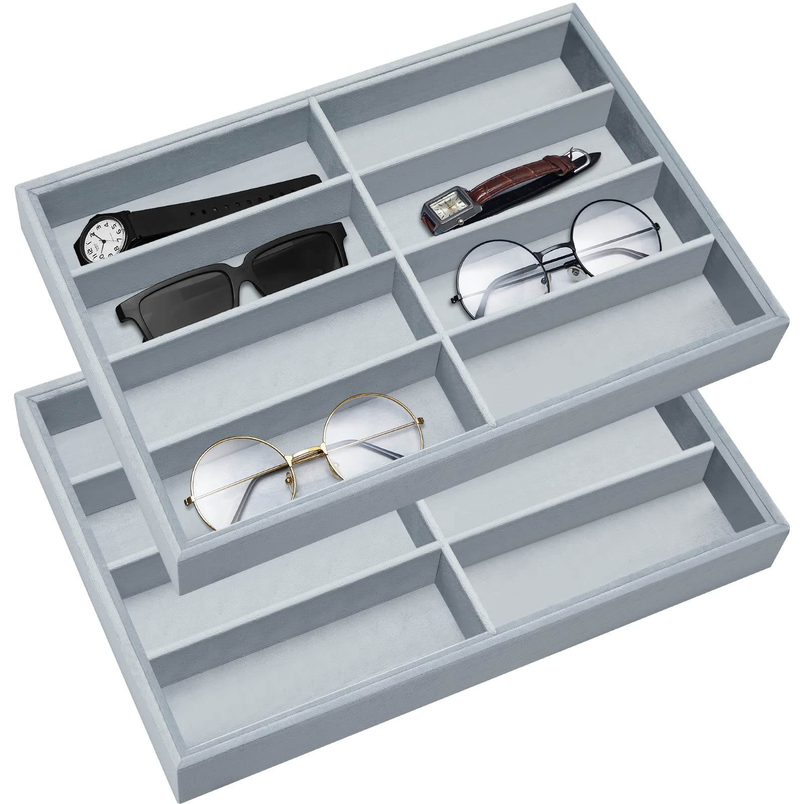 Amylove 2 Pieces Sunglass Organizer Trays Velvet Glasses Tray Stackable Jewelry Organizer Trays Sunglass Display Organizer Sunglass Display Box, 8 Grids (Gray)