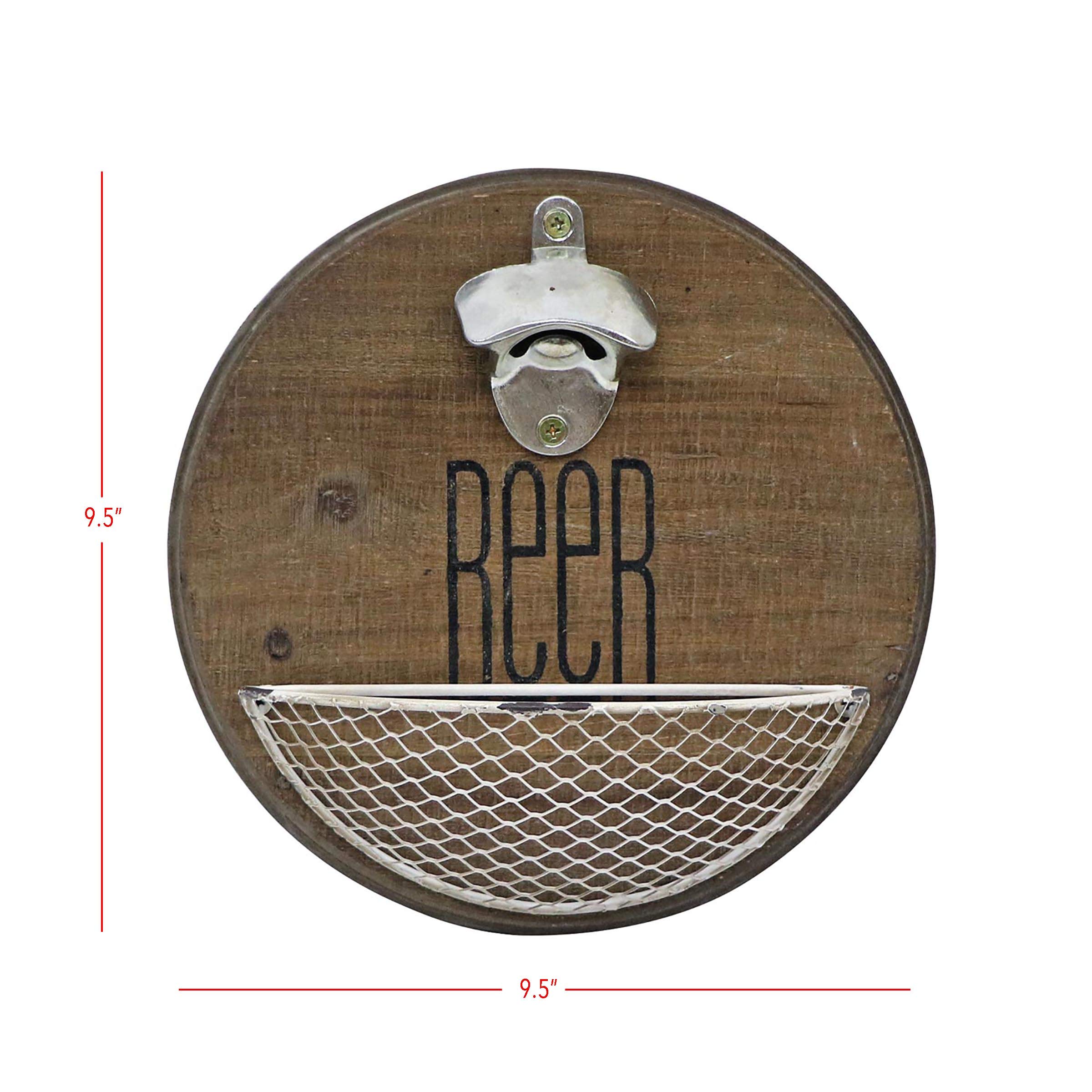 Foreside Home and Garden Rustic Wood Wall Mount Beer Bottle Opener with Metal Basket, Brown