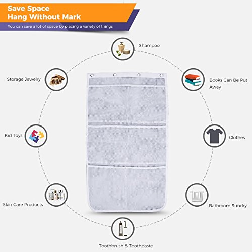 Yihoon Mesh Shower Caddy Curtains Organizer - Hanging Bathroom Shower Curtain Rod/Liner Hooks Accessories with 6 Pockets Save Space in Small Bathroom Tub 4 Rings