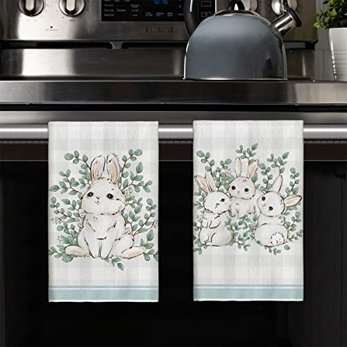 Artoid Mode Buffalo Plaid Rabbit Bunny Eucalyptus Leaves Easter Kitchen Towels Dish Towels, 18x26 Inch Seasonal Spring Holiday Decoration Hand Towels Set of 2