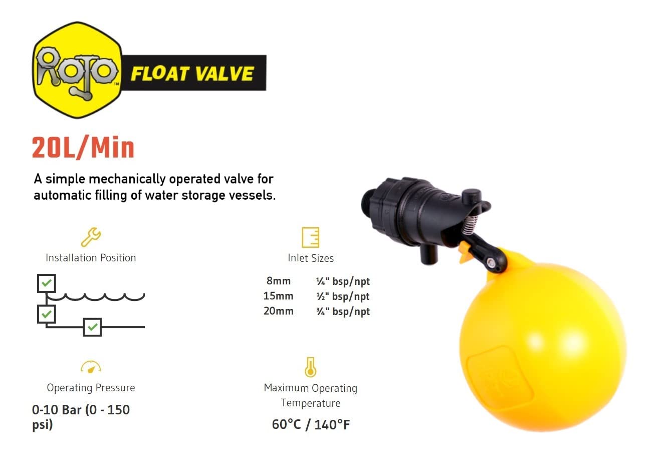 Jobe Valves J-RJV0075HF Rojo High-Flow Low-Pressure Float Valve, 4.9"-Wide Float, 3" Extension Arm, 20L/Min, 75PSI, 3/4" NPT Inlet, Yellow/Black