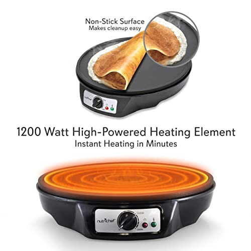 Electric Crepe Maker & Griddle -Easy to Clean Detachable Nonstick Cooktop - Cooks Crepes Bacon, Tortillas & Omelets - 12inch Cook Area with Adjustable Temperature - Includes Spatula & Batter Spreader