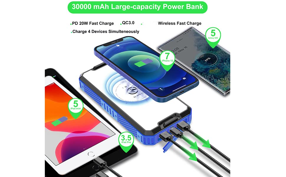ANYFONG Solar Power Bank, 30000mA PD20W QC3.0 USB C Fasting Charging Solar Charger 10W Wireless Portable Phone Charger Power Bank, Battery Charger with Camping Light