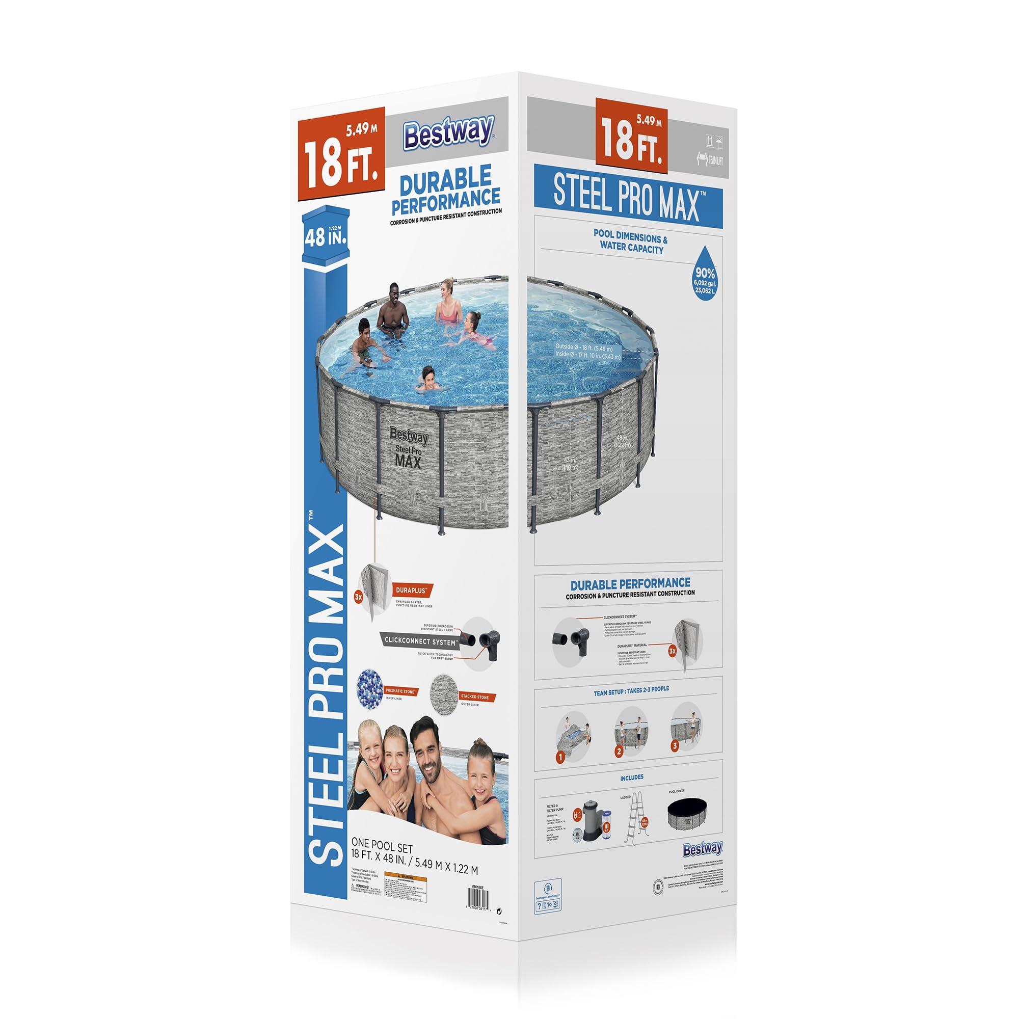 Bestway Steel Pro MAX 18’ x 48” Round Above Ground Pool Set | Frame Swmiming Pool Features Realistic Stone Print Liner | Includes 1500gal Filter Pump, 48" Ladder and 18' Pool Cover