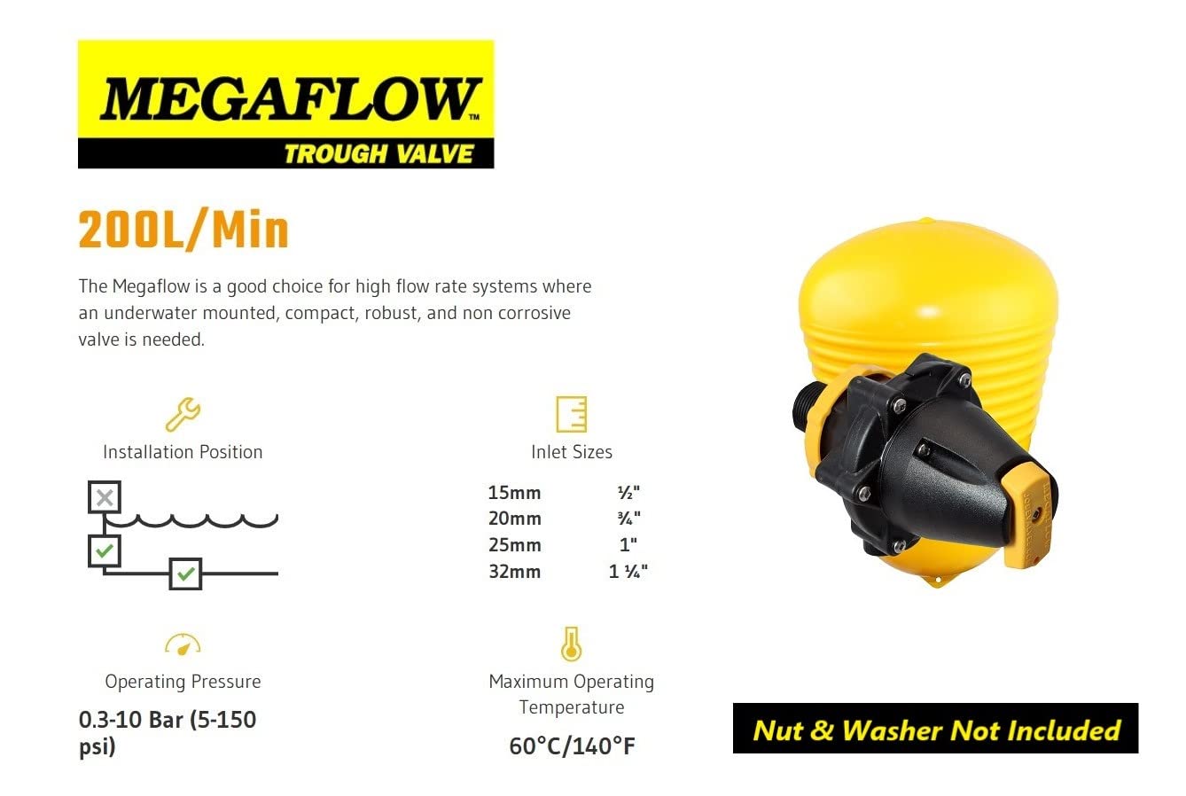 Jobe Valves Megaflow Valve with Short Tail, 3/4", Yellow/Black (Does NOT have Nut and Washer)