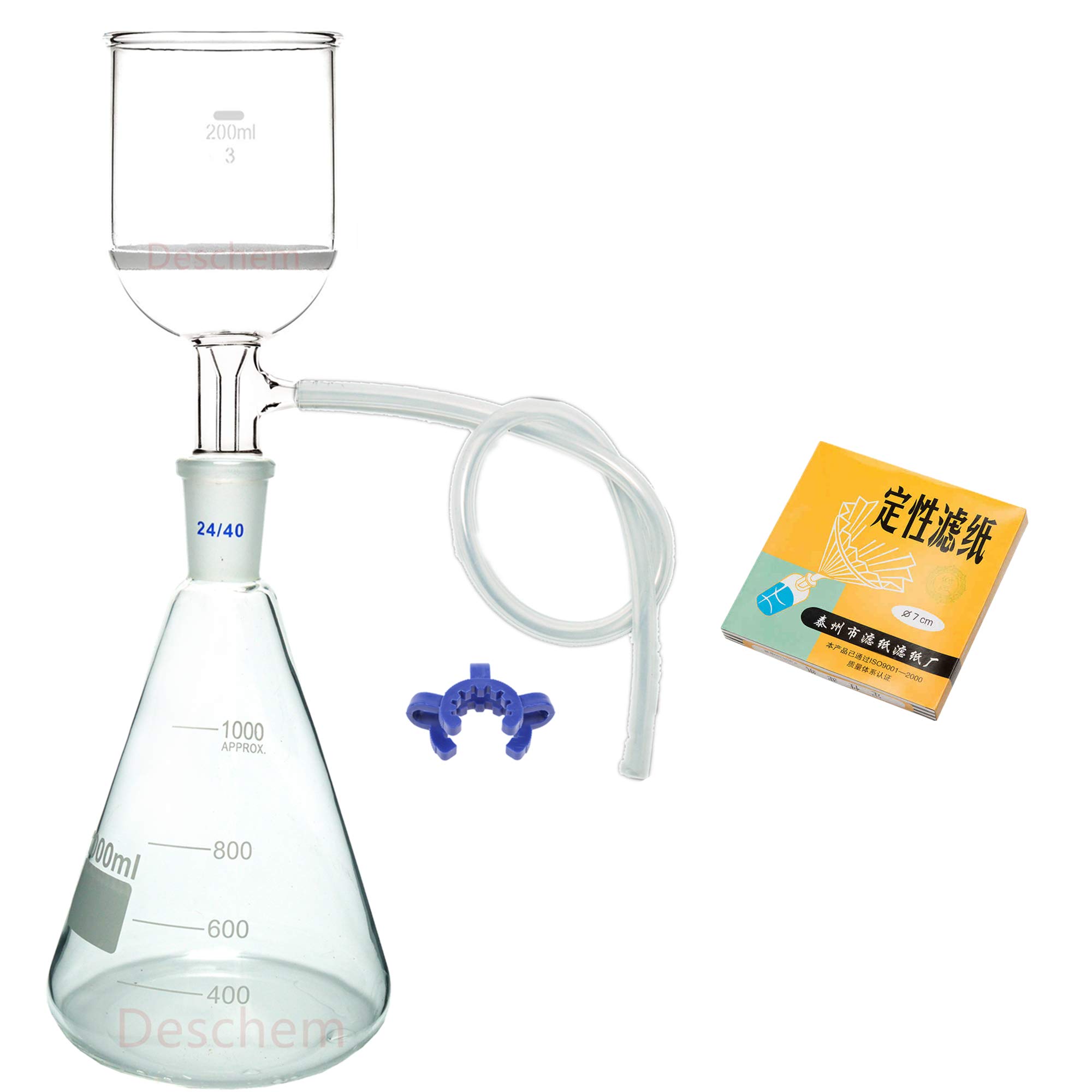 Deschem 1000ml,Suction Filtration Device,200ml Buchner Funnel,1L Erlenmeyer Flask,70mm Filter Paper