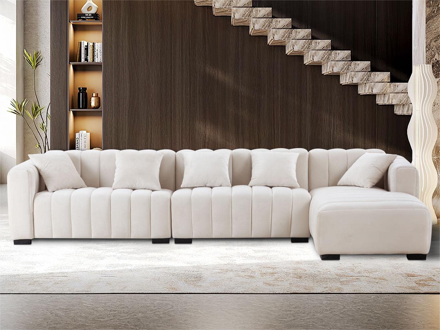 KEVINSPACE 139" Modern Large Velvet Fabric Sectional Sofa, L-Shape Couch 5-Seat Couch with 5 Same Color Pillows, Extra Wide Chaise Lounge for Living Room, Apartment, Office,Beige Right Facing