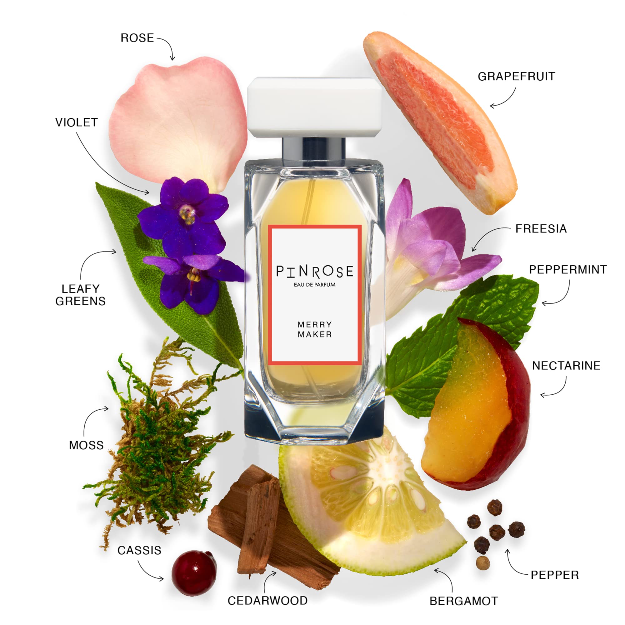 PINROSE Perfumes Merry Maker - Eau de Parfum Fragrance Spray for Women - Clean, Vegan, Cruelty-free, and Hypoallergenic Scent with Essential Oils - Notes of Nectarine, Violet, Tonka Bean, Rose, Jasmine and Musk