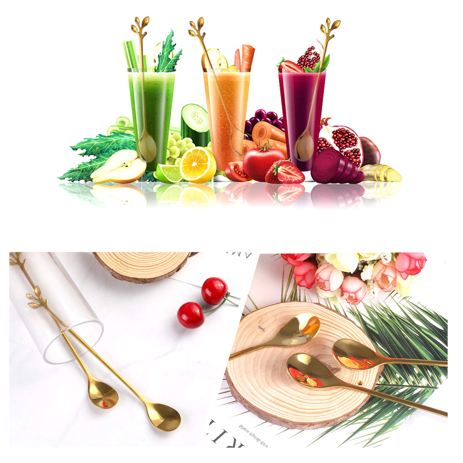 ANYI16 Long Handle Tea Coffee Spoons Set, 7.5" Stainless Steel Gold Leaf Teaspoons for Iced Tea, Coffee, Ice Cream, Dessert