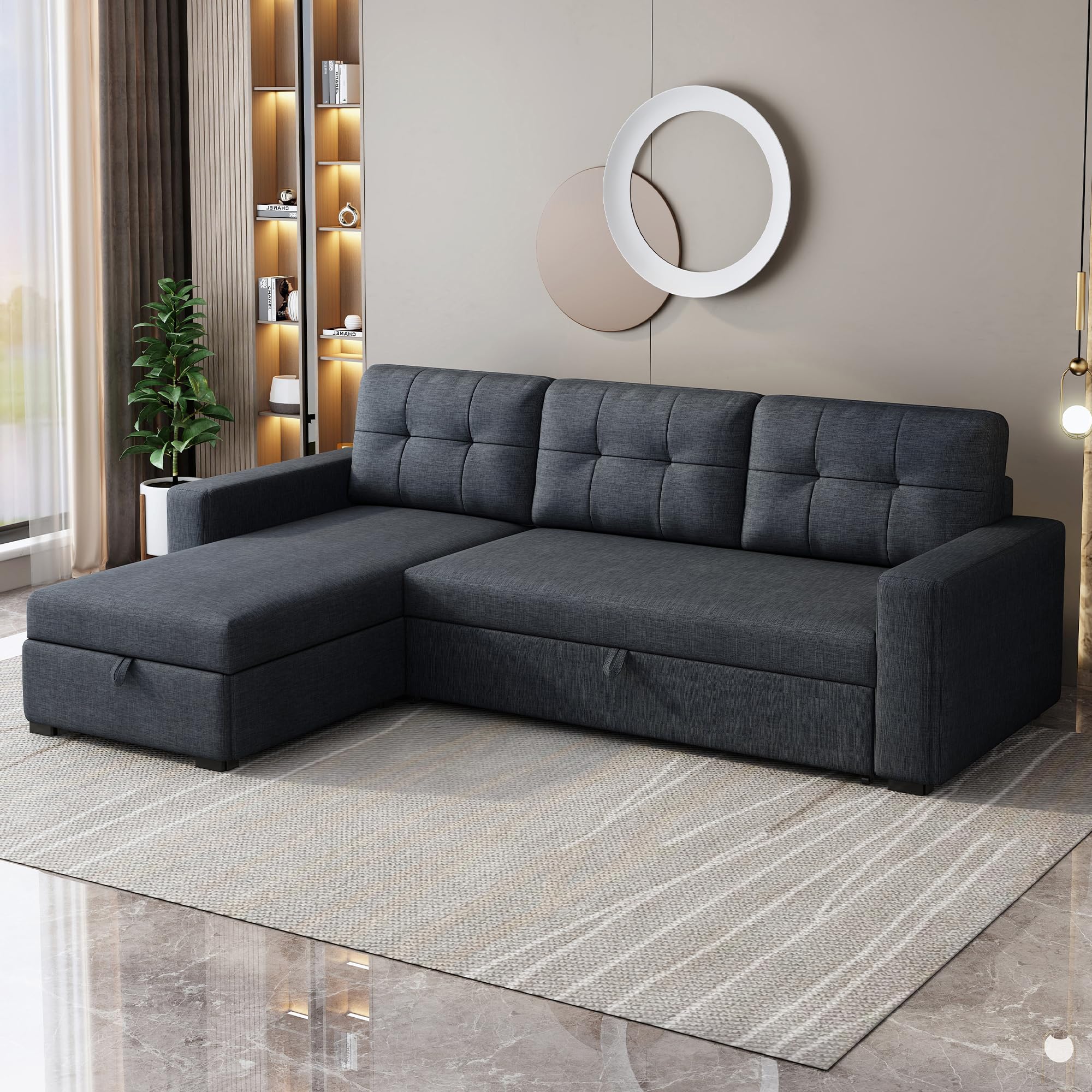 ACQCA 81.5" Sectional Sleeper Sofa with Storage Chaise, L Shaped Pull Out Couch Bed with 3 Removable Back Cushion for Living Room,Apartment,Office,Dark Grey