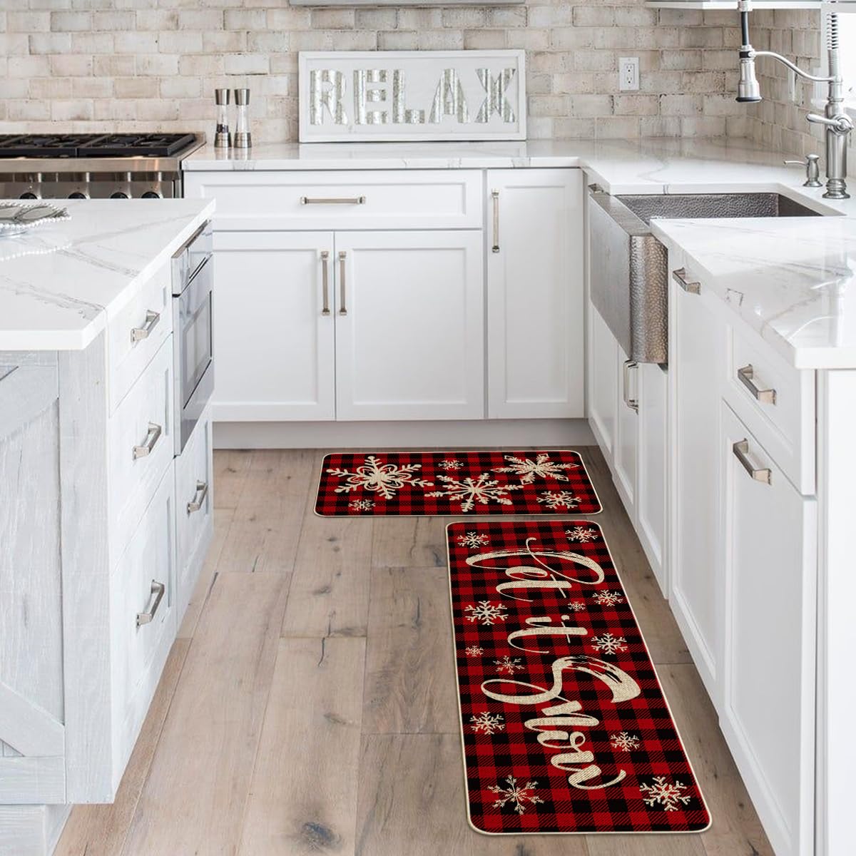 Artoid Mode Buffalo Plaid Snow Christmas Kitchen Rugs Set of 2, Let It Snow Xmas Winter Holiday Party Low-Profile Floor Mat Decorations for Home Kitchen - 17x29 and 17x47 Inch