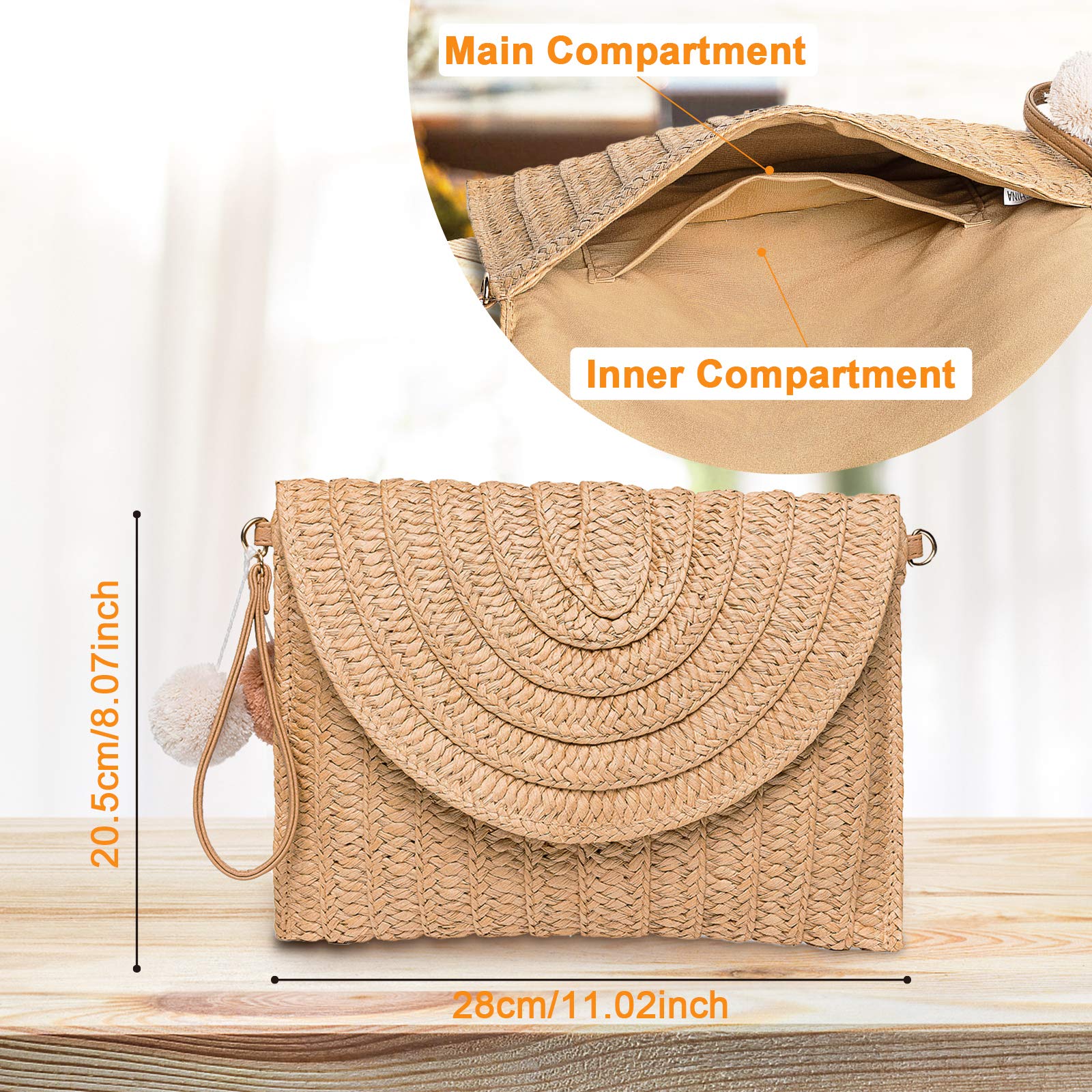 Kadell Straw Shoulder Bag, Women Straw Envelope Clutch Purse, Chic Handmade Straw Crossbody Bag, for Summer Beach (Brown-with pompoms)