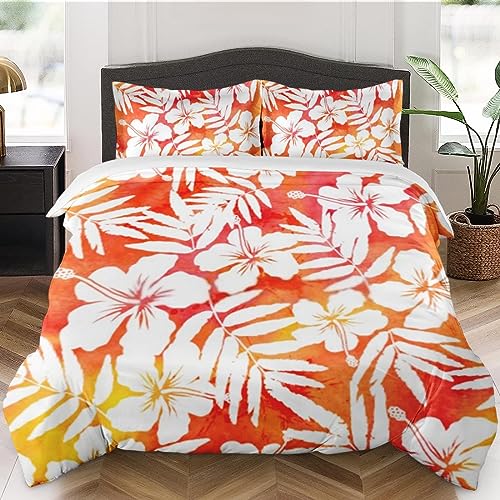 Duvet Cover Full Size, Red Hibiscus Hawaiian Flower Bedding Set with Zipper Closure for Kids and Adults, Surf Floral Tropical Comforter Cover with 2 Pillow Shams for Bedroom Bed Decor