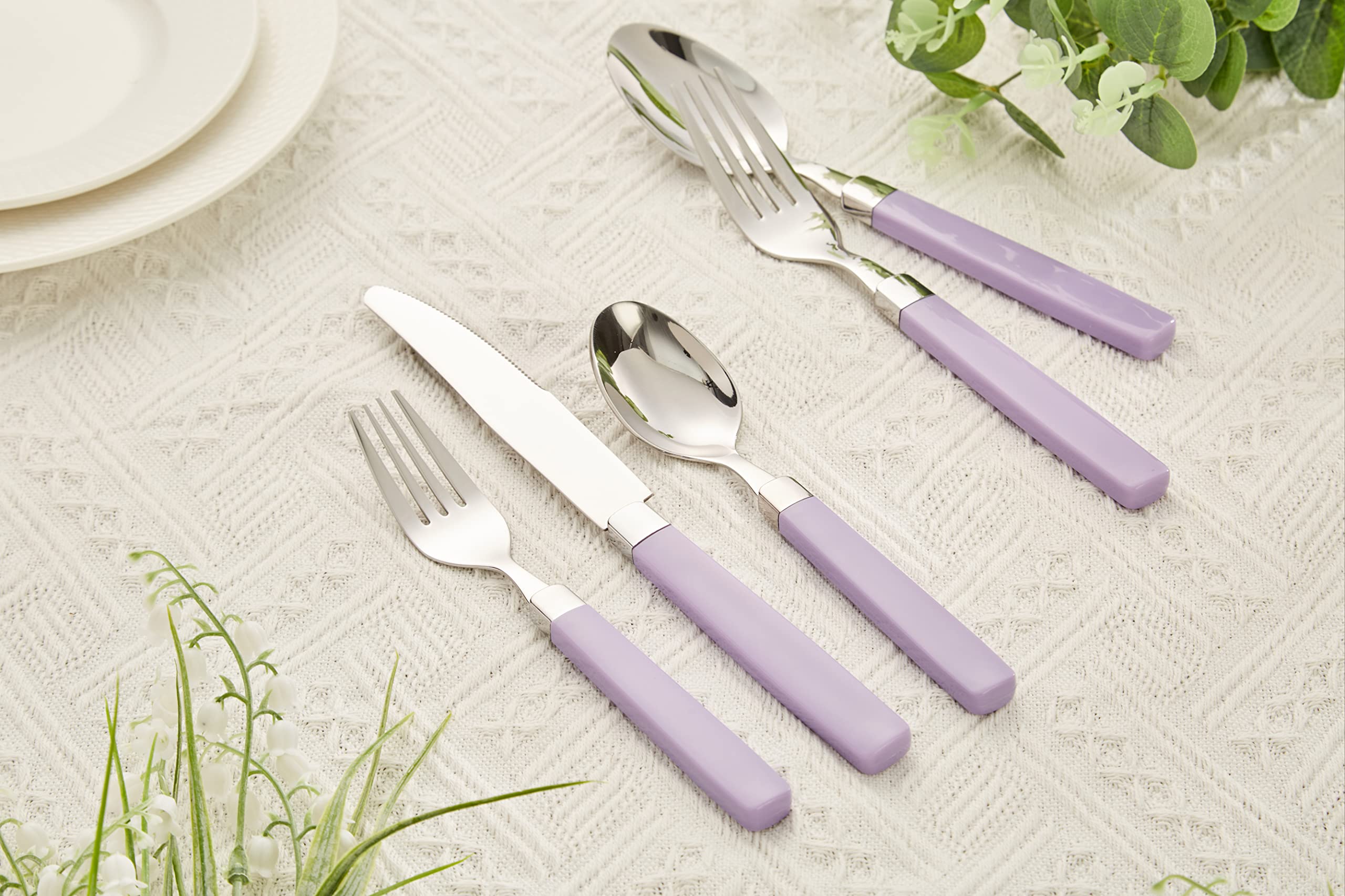 ANNOVA 20 Pieces Stainless Steel Flatware/Cutlery Set - Color Handles - 4 x Dinner Forks, 4 x Salad Forks, 4 x Dinner Knives, 4 x Dinner Spoons, 4 x Dessert Spoons - Service for 4 (Lilac, 20 Pieces)