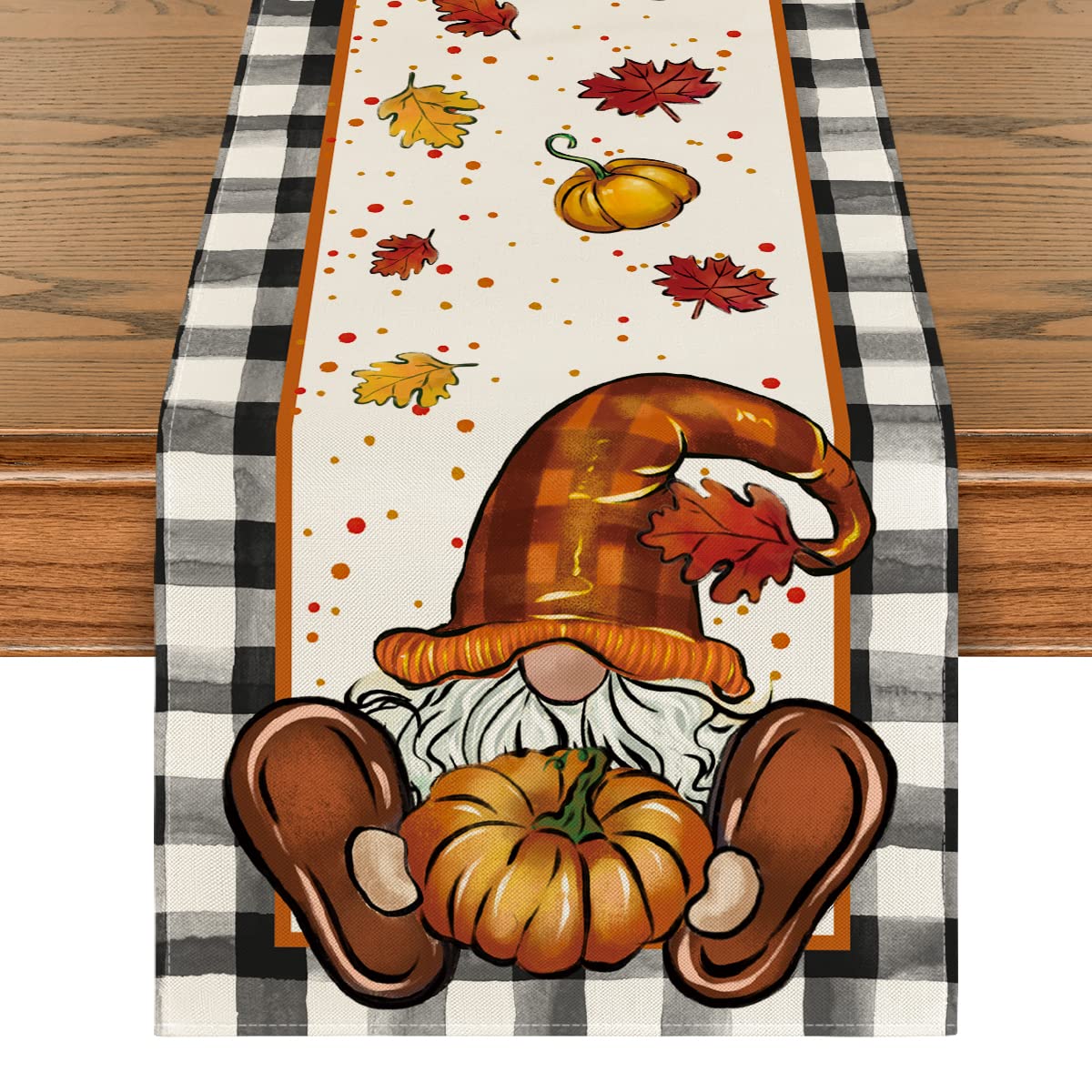 Artoid Mode Buffalo Plaid Gnome Pumpkin Maple Leaves Fall Table Runner, Autumn Kitchen Dining Table Decoration for Indoor Outdoor Home Party 13x72 Inch