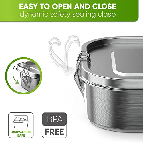 Blockhuette Stainless Steel Lunch Box for Adults I 27oz I Bento Box with 3 Compartments, Leak-Proof Container, Metal Lunchbox for Travel & Work, Eco-Friendly Meal Storage Solution, incl free Sealing