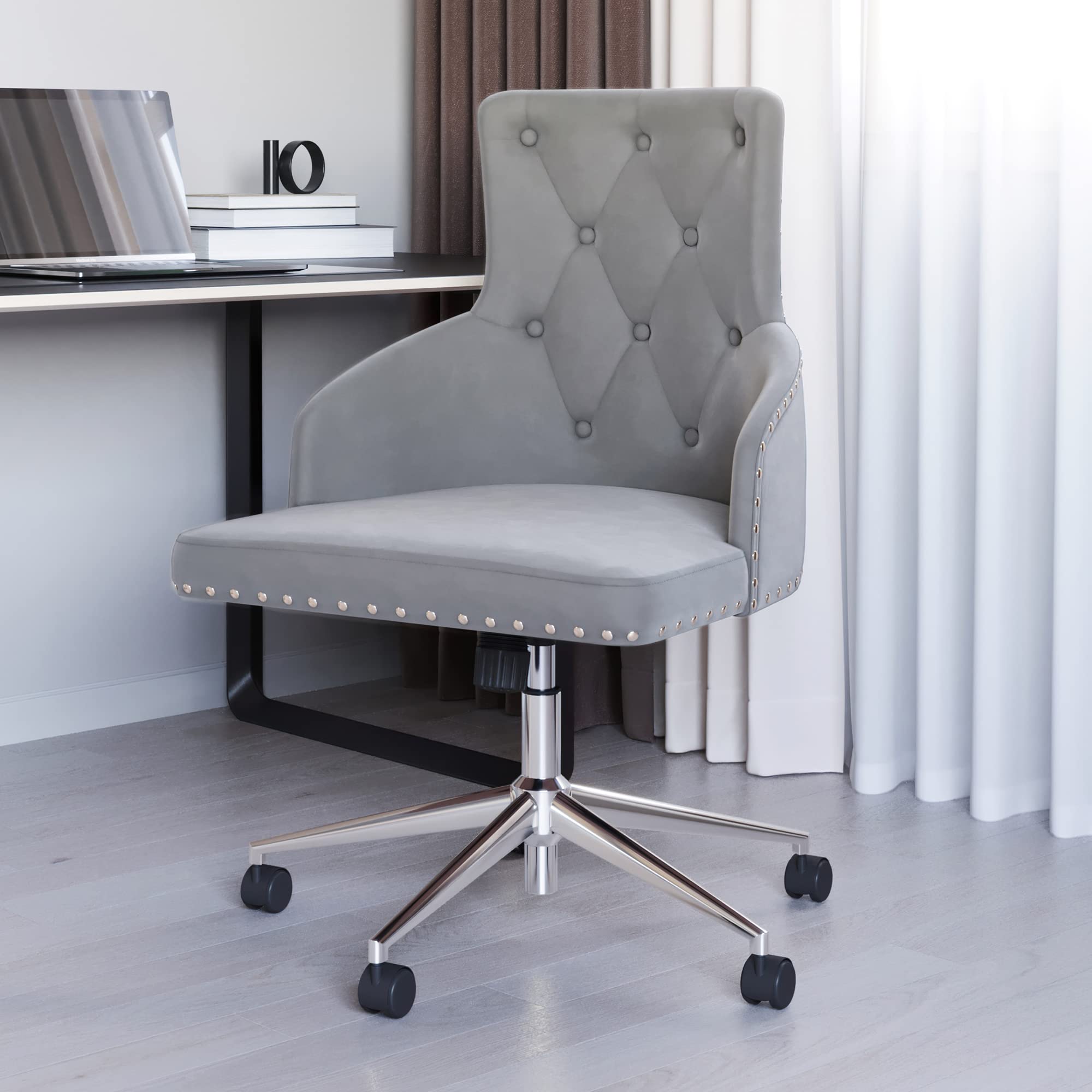 BELLEZE Modern Velvet Desk Chair for Home Office or Bedroom Vanity, Tufted Upholstered Seat with Slim Arms, Adjustable Height, Swivel, Wheels - Belden (Gray)