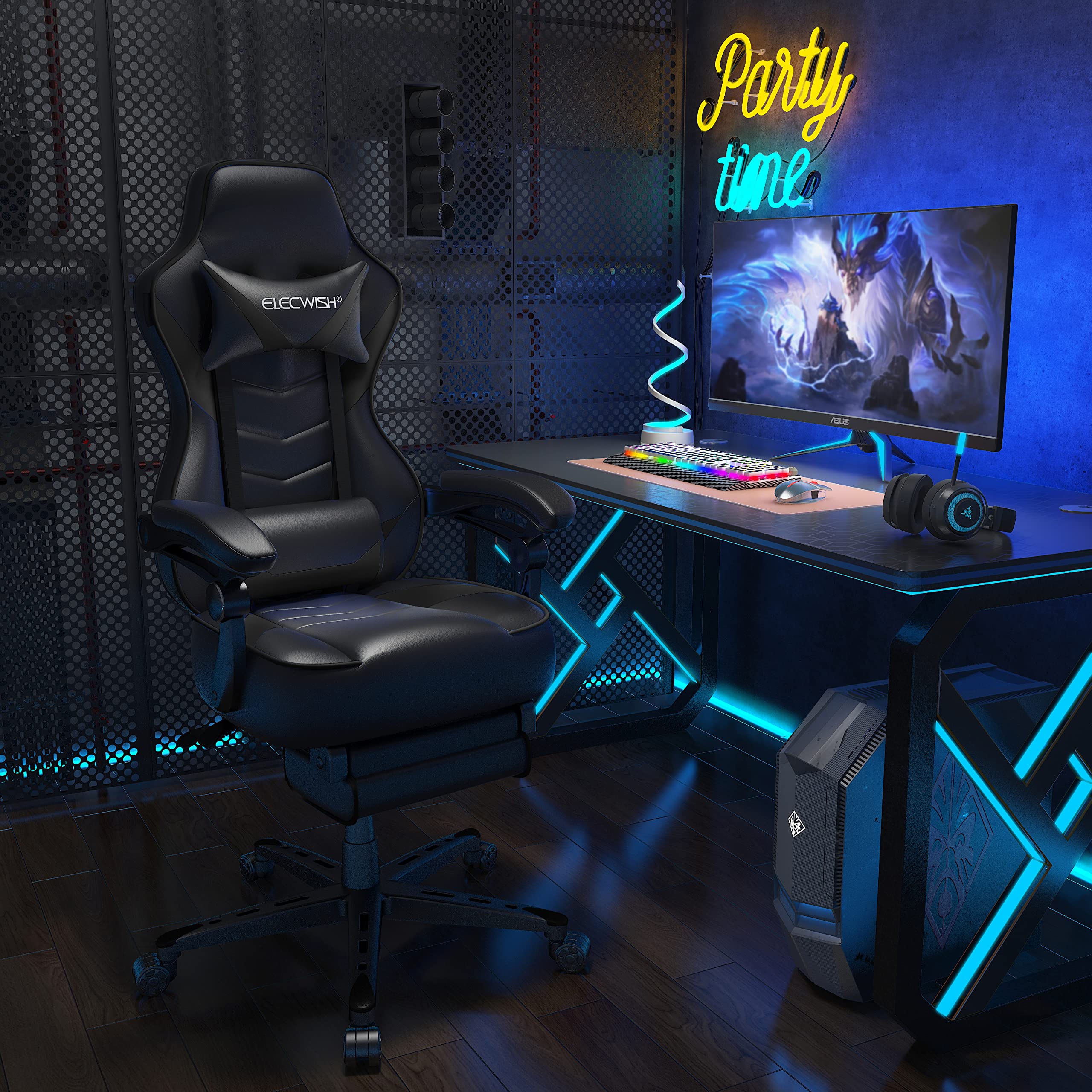 ELECWISH Gaming Chair, Reclining Computer Chair with Footrest and Lumbar Support, High Back Ergonomic Gamer Chair for Adults, Gaming Desk Chair with Headrest PU Leather