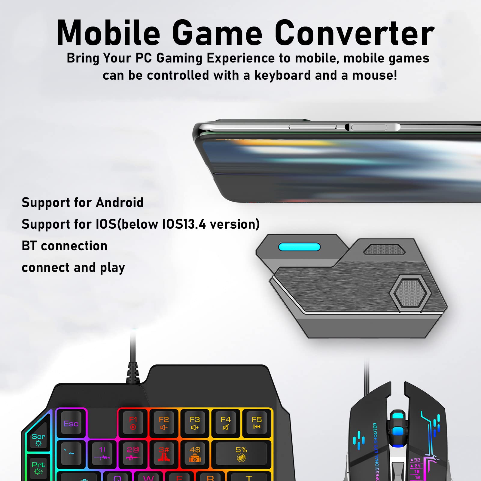 Zyyini Gaming Keyboard Mouse Holder,Converter with Fast Charge Interface, Support 5V/2A Output, RGB Gradient USB One Handed for Android, for OS Below 13.4(Mix SE Automatic Pressure Gun Set)