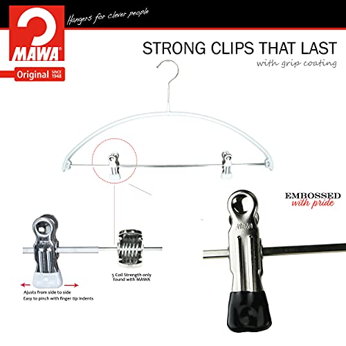 Mawa by Reston Lloyd European Non-Slip Metal Clothing Hanger, Smooth Shoulder Support & Adjustable Pant Clips, Set of 5, White