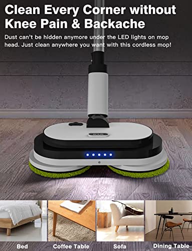 Cordless Electric Mop, Electric Floor Cleaner with LED Headlight & Water Sprayer, Up to 60 mins Detachable Battery, Dual-Motor Powerful Spin Mop with 300ML Water Tank for Multi-Surface, Self-Propelled