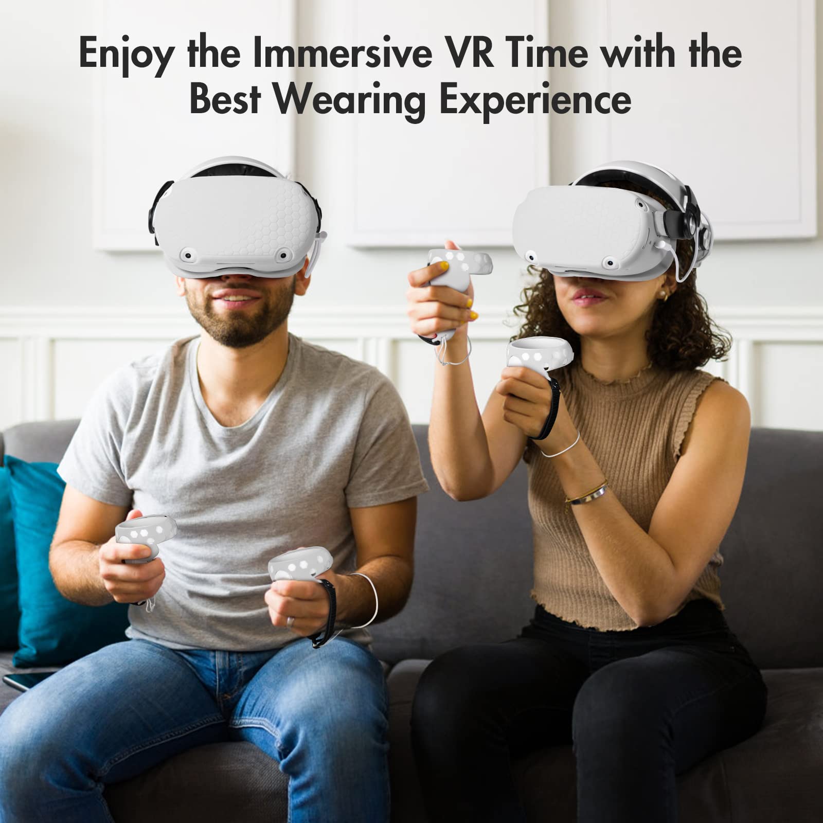 AMLINK VR Silicone Cover Accessories for Oculus Quest 2, VR Shell Cover Protective, Silicone Face Cover, Adjustable Strap Controller Grip Cover and Remote Sensing Rod Cap(Greyish White)