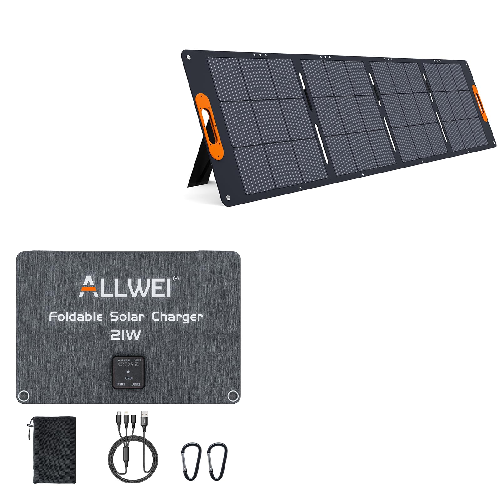 ALLWEI 200W Portable Solar Panel and 21W Portable Solar Charger, Foldable Solar Panel Charger with 2 USB-A Ports, IP68 Waterproof Solar Phone Charger for Outdoor Camping Hiking Backpacking