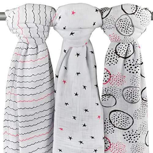 Muslin Swaddle Blanket 100% Soft Muslin Cotton 3 Pack 47"x 47" (Hot Pink)