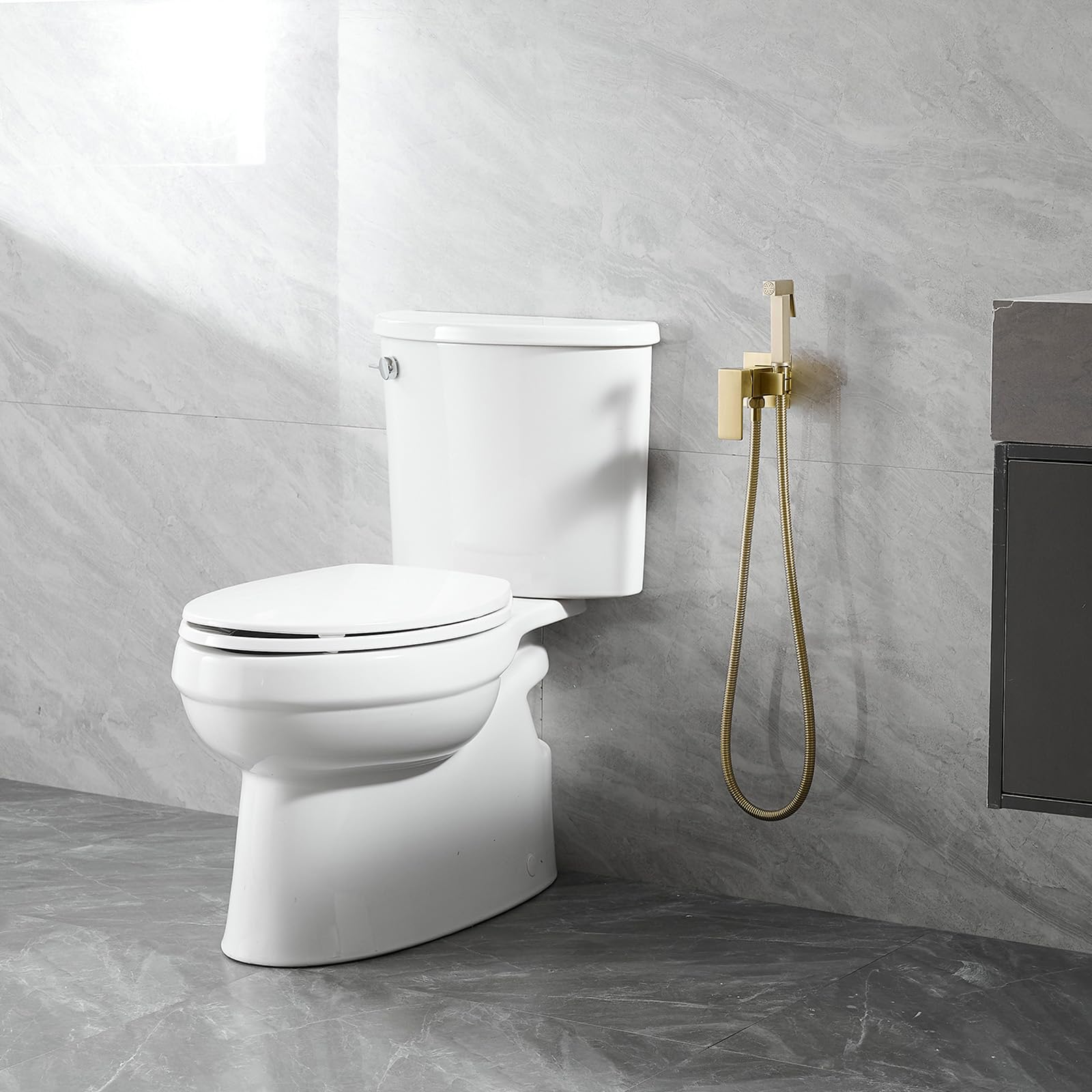 Bathfinesse Wall Mounted Bidet Sprayer Set, Warm Water Bidet Sprayer Faucet for Toilet with Hot and Cold Brass Valve, Stainless Steel Square Handheld Bidet Attachment Set, Brushed Gold