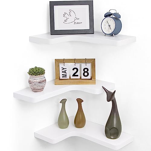 fuqing Corner Floating Shelves, Wall Shelf Set of 3, Shelves for Wall Storage, Solid Wood Shelves for Storage, Wall Mount Wooden Display Shelf for Bathroom Bedroom Kitchen Garage, White